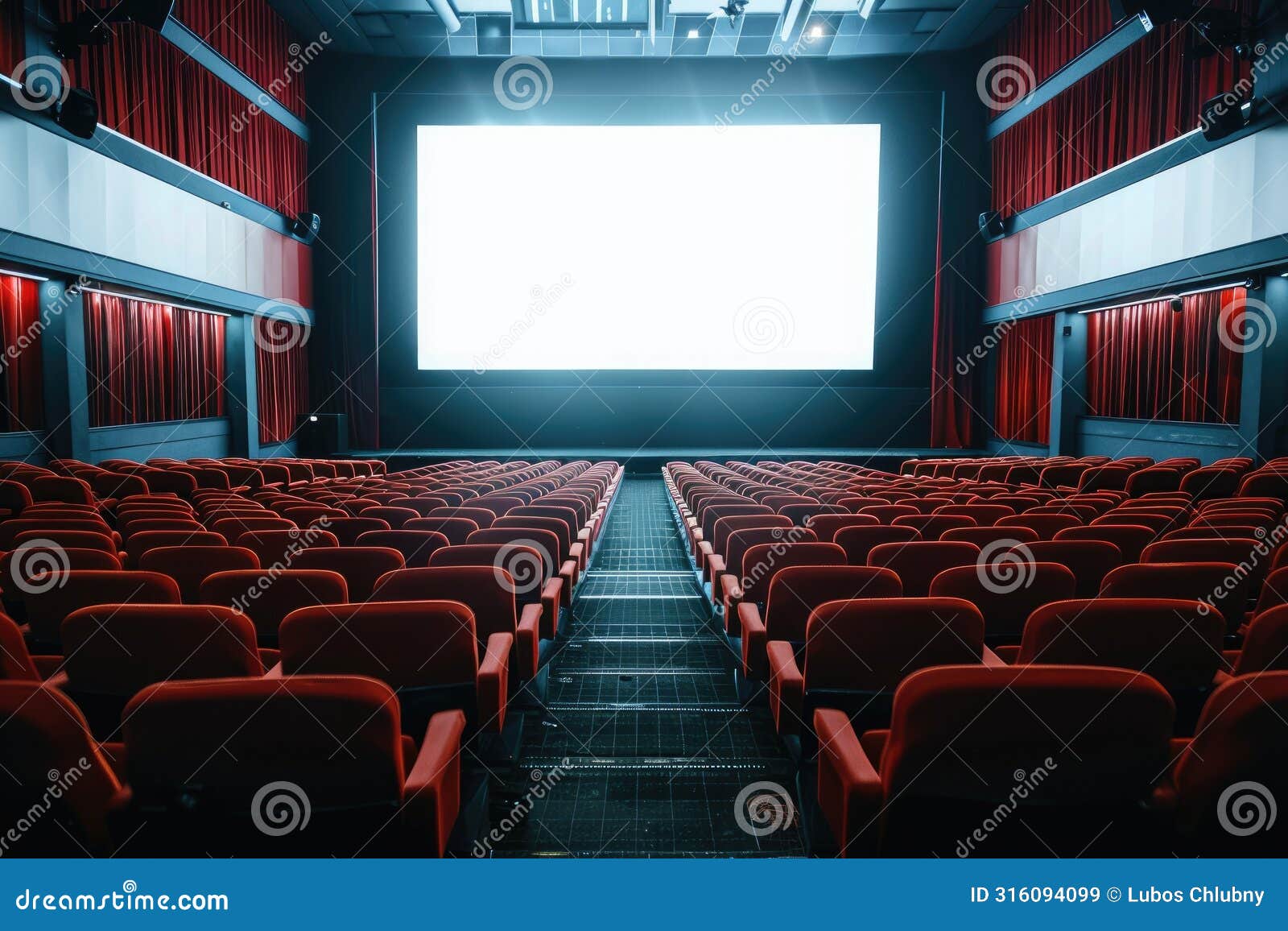 Interior Of A Cinema Movie Theatre With Shiny White Blank Screen. Red ...