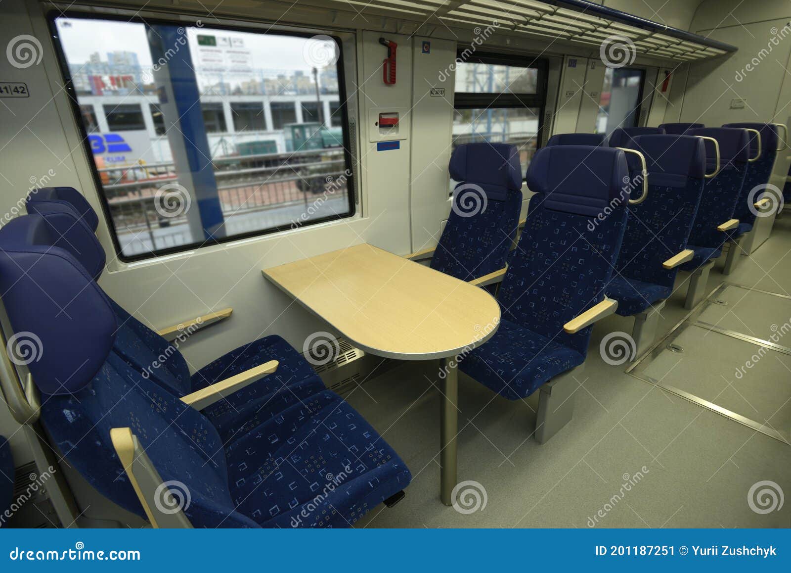 Empty 2 Class Compartment of Wagon of Commuter Train, Seats and Doors ...