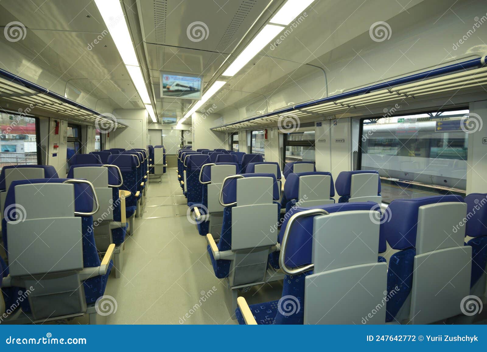 Empty 2 Class Compartment of the Wagon of Commuter Train, Seats Stock ...