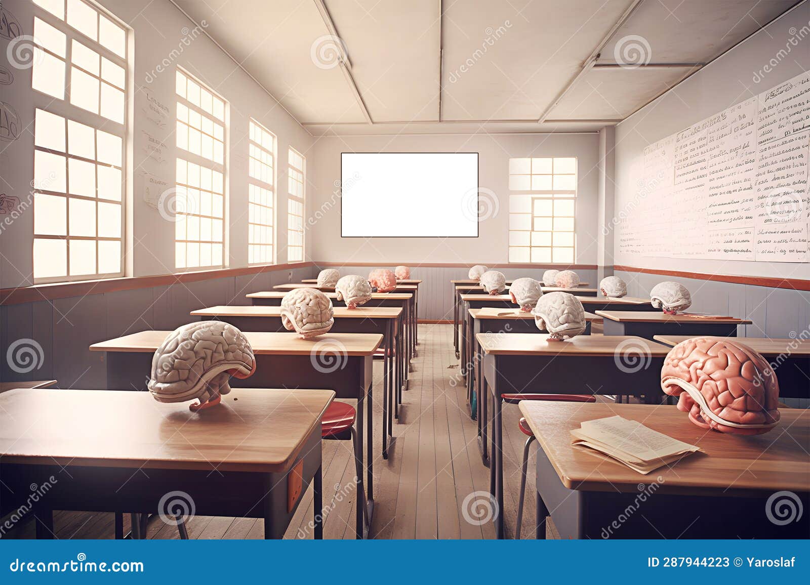 Empty Class Room with Human Brain Models on Desk. Stock Illustration ...