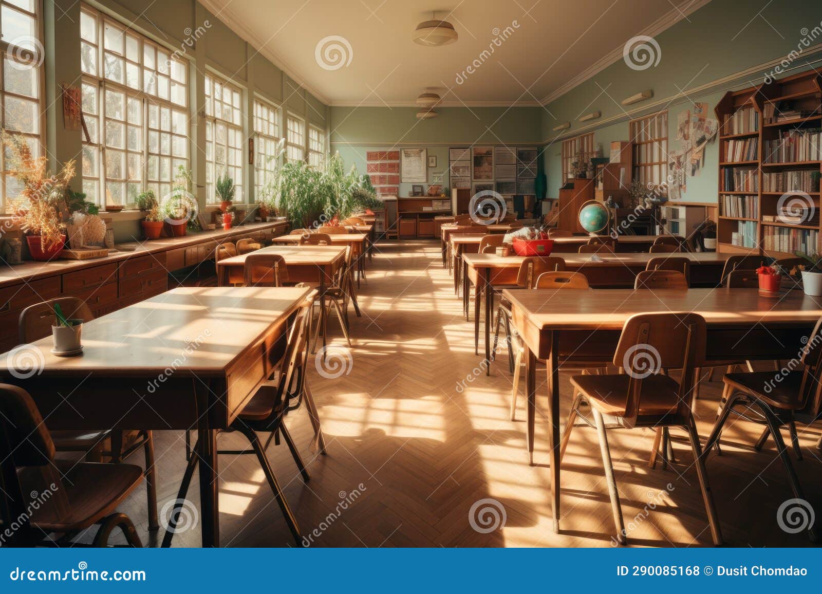 Empty Class Room with Windows and Desks, in the Style of Sun Rays Shine ...