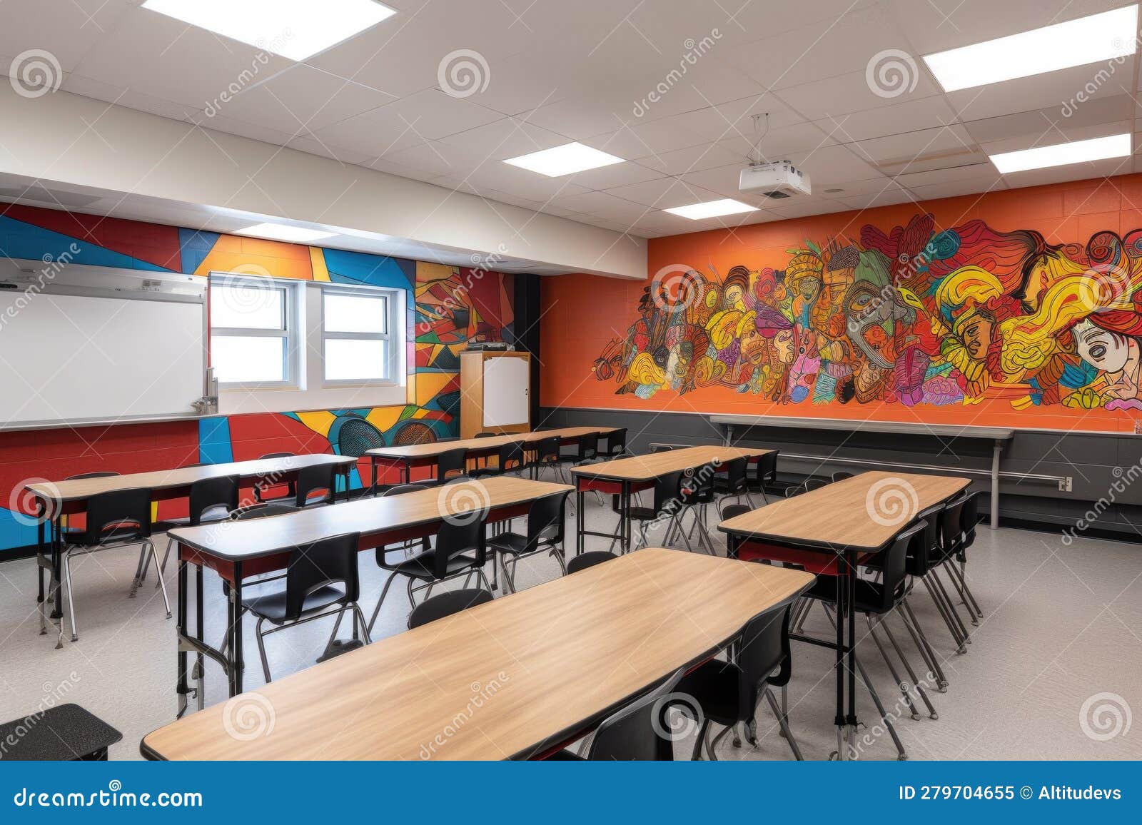 Empty Classroom, with Bold and Colorful Mural on the Wall Stock ...