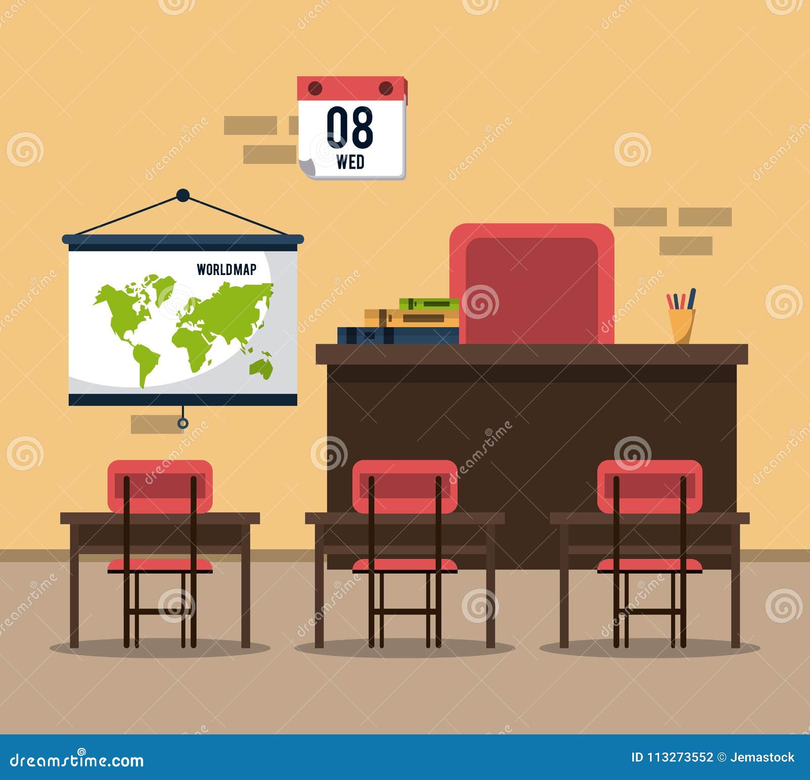 Empty classroom cartoon stock vector. Illustration of chairs - 113273552