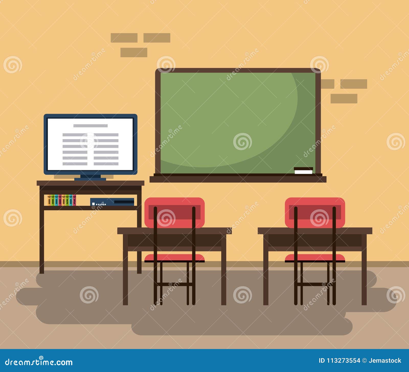 Empty classroom cartoon stock vector. Illustration of computer - 113273554