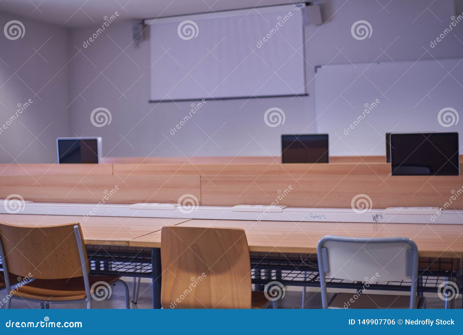 Empty Classroom, with Chairs, Tables, with Computers and Projector ...