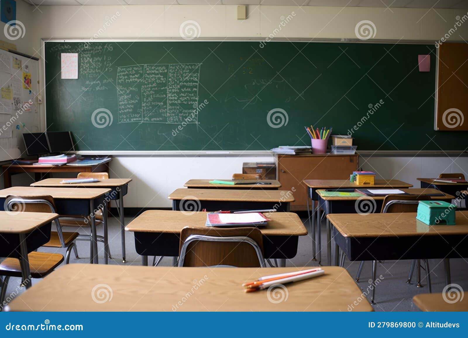 Empty Classroom with Chalkboard, Books, and Writing Utensils Ready for ...