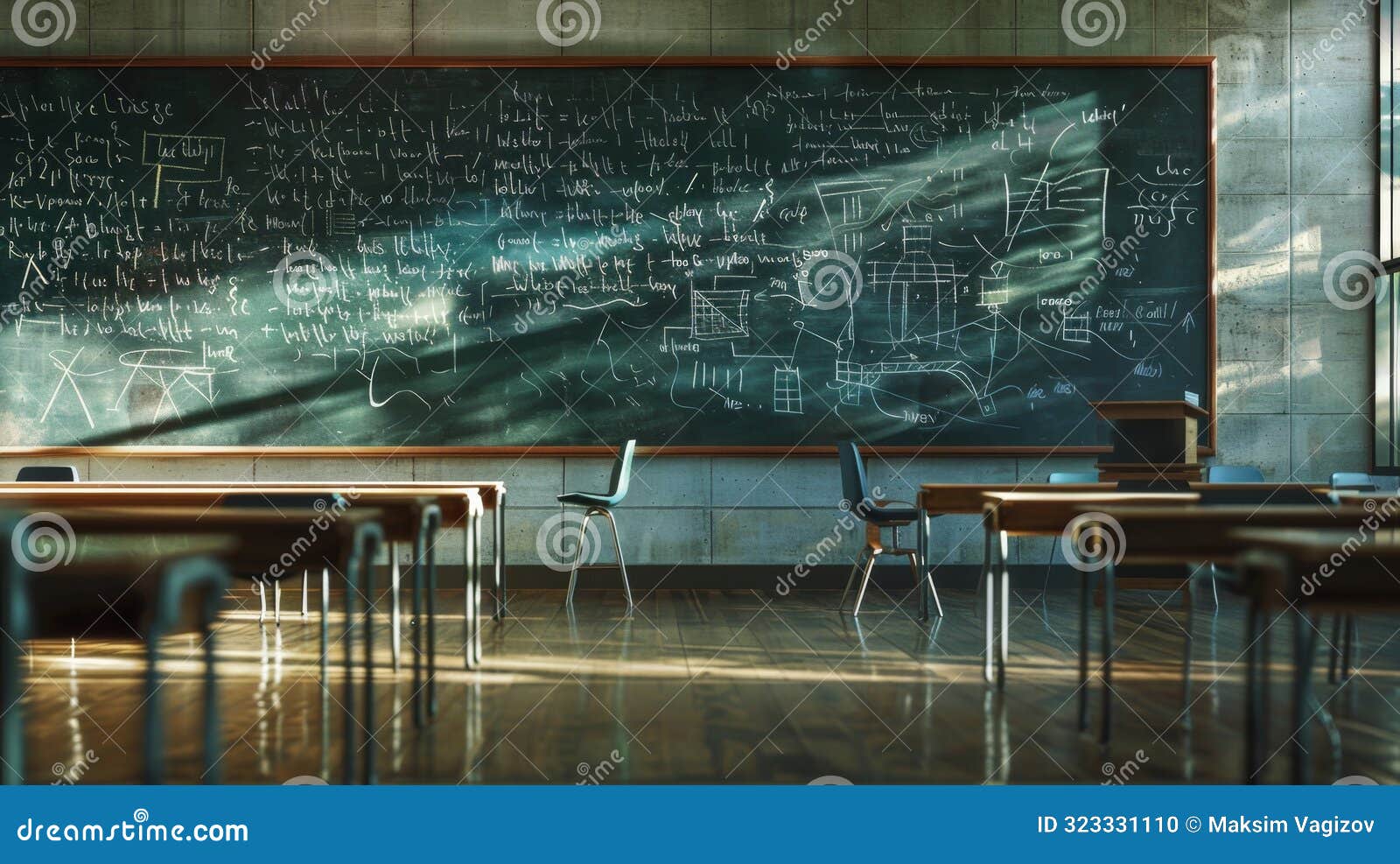 Empty Classroom with Chalkboard Filled with Mathematical Equations ...
