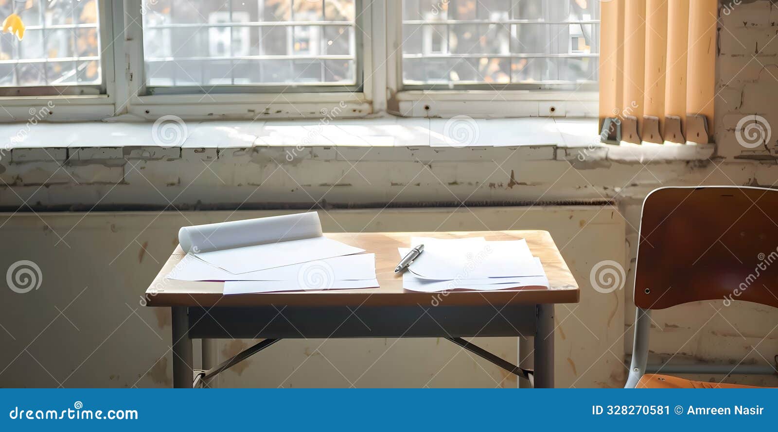 Empty Classroom Desk with Papers and Pen by Sunlit Window, Education ...