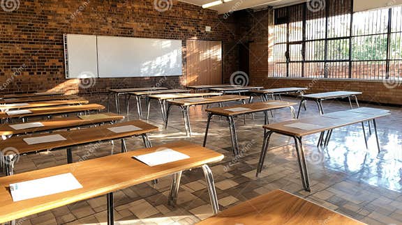 Empty Classroom with Desks and Brick Walls Stock Illustration ...