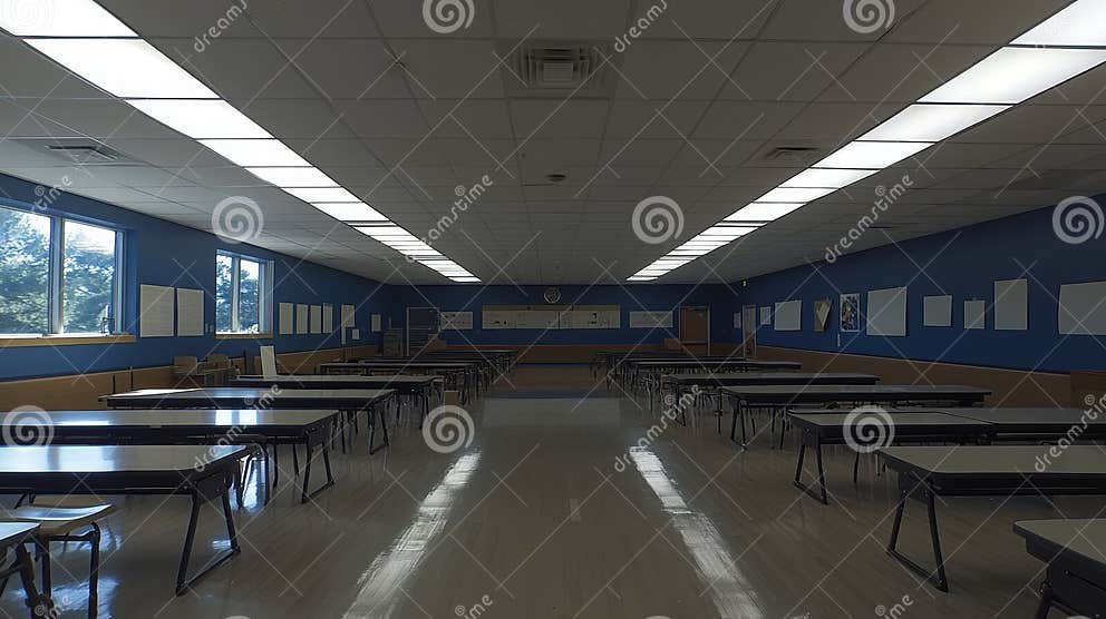 Empty Classroom with Desks and Bright Overhead Lighting Stock Image ...