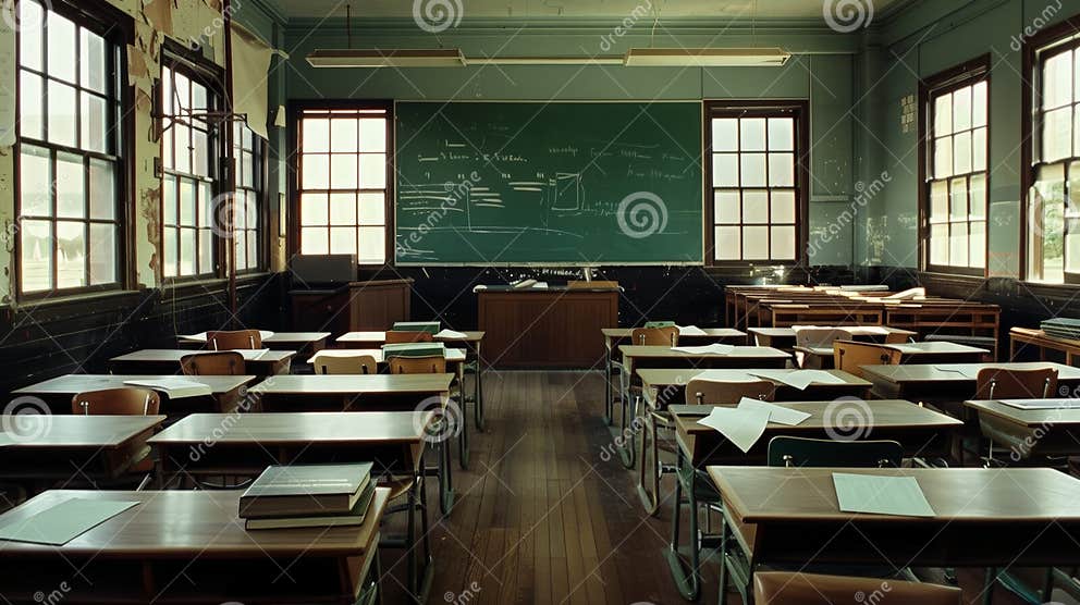 Empty Classroom with Desks and Chalkboard Stock Image - Image of ...