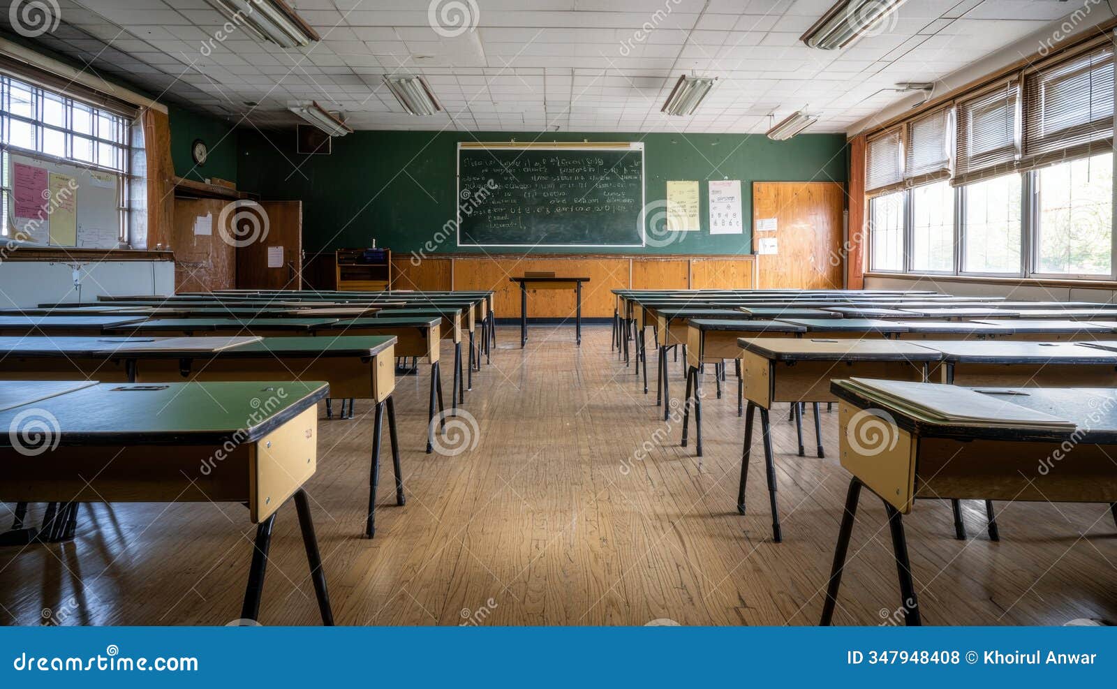 Empty Classroom with Desks Facing a Chalkboard Stock Illustration ...