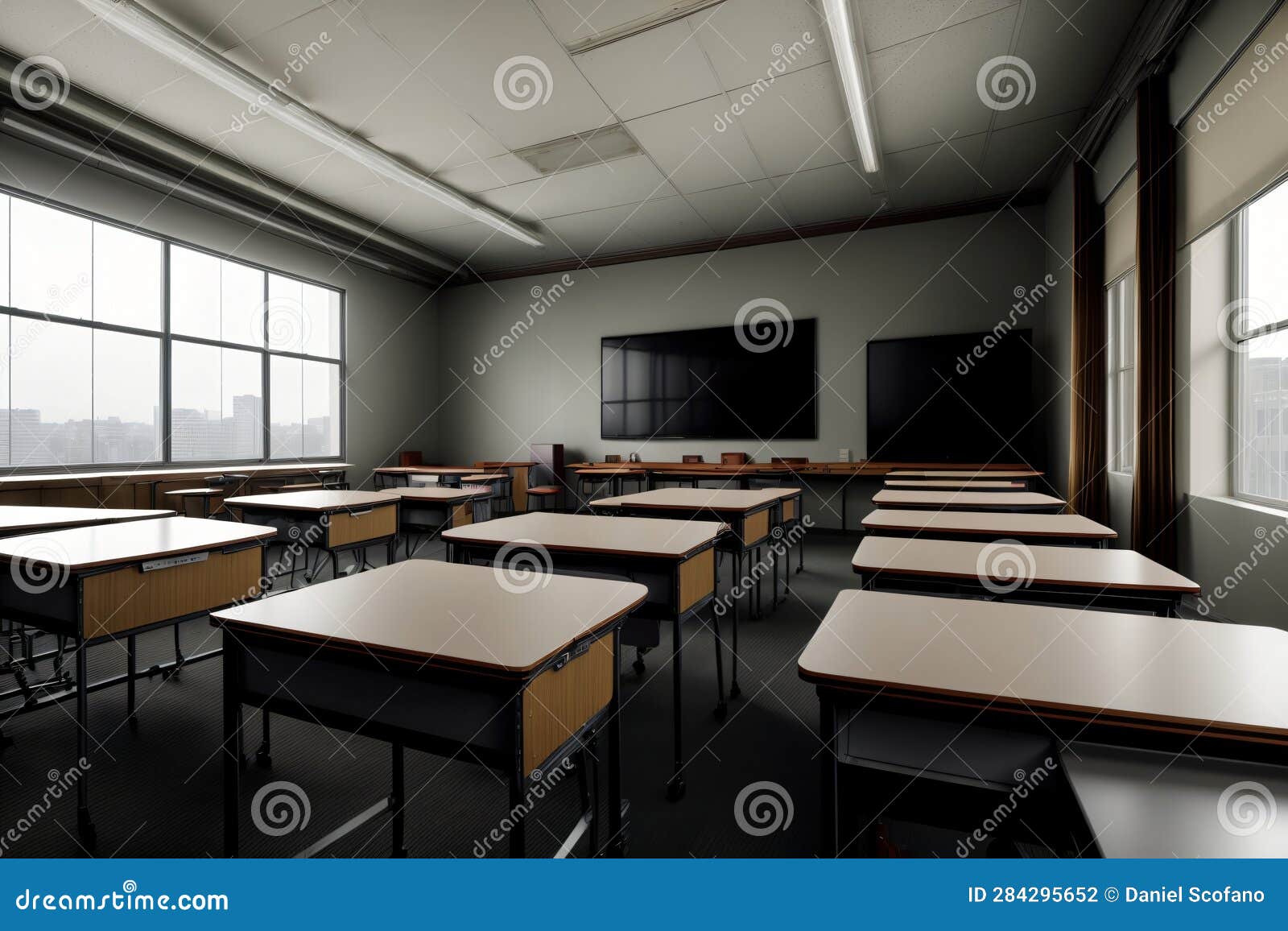 An Empty Classroom with Desks and a Large Window. Generative AI Stock ...