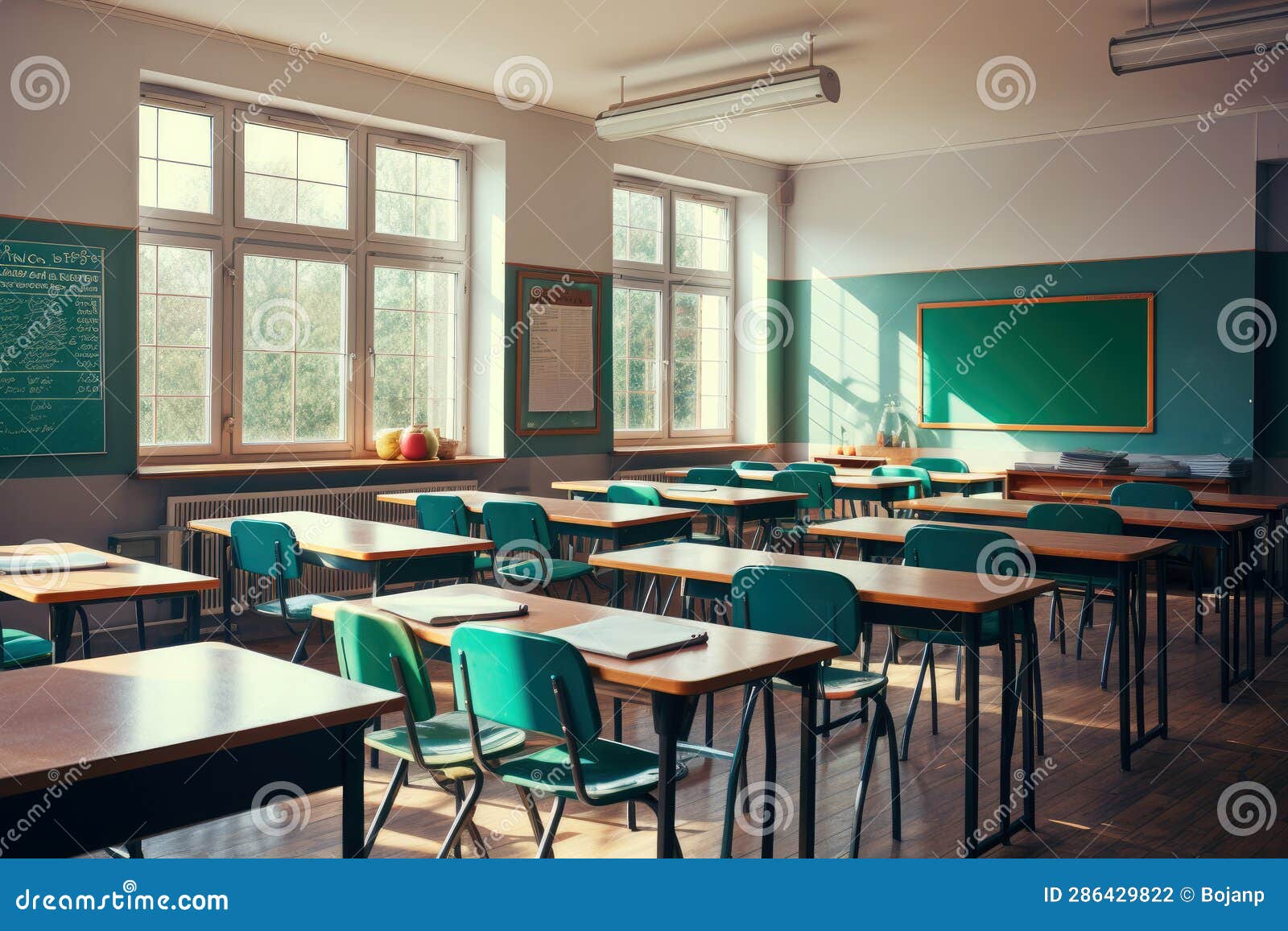 An Empty Classroom with Desks Neatly Arranged in Row. AI Generated ...