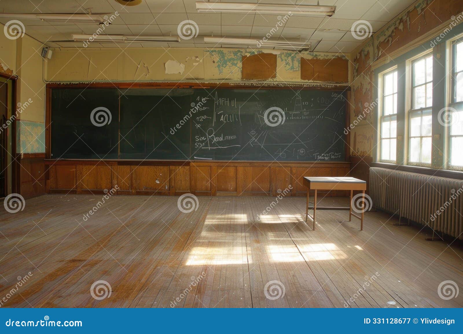 Empty Classroom with Sunlight Shining on Worn Wooden Floor Stock Image ...