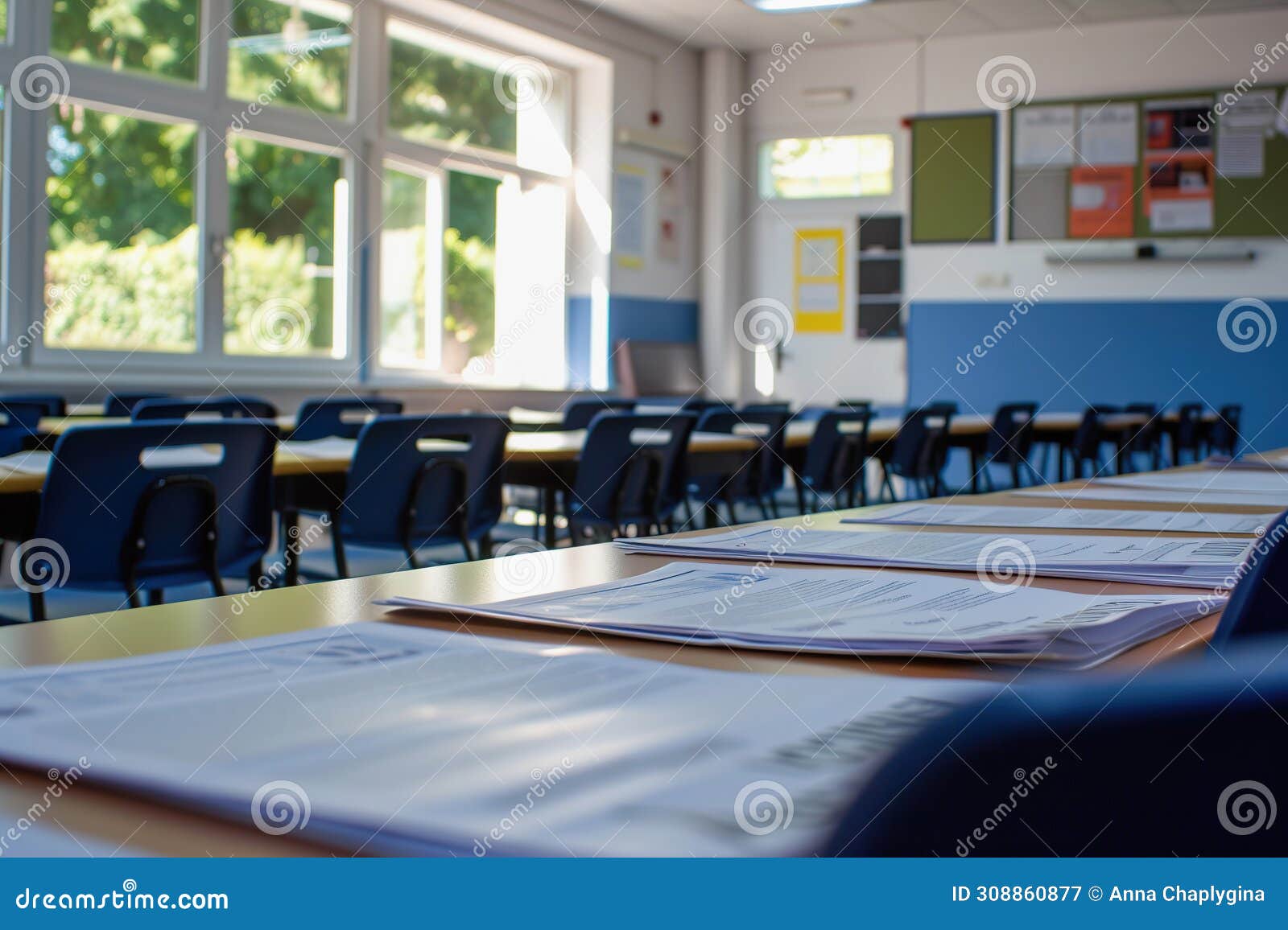 Empty Classroom with Exam Papers on Desks, No Students Stock Image ...