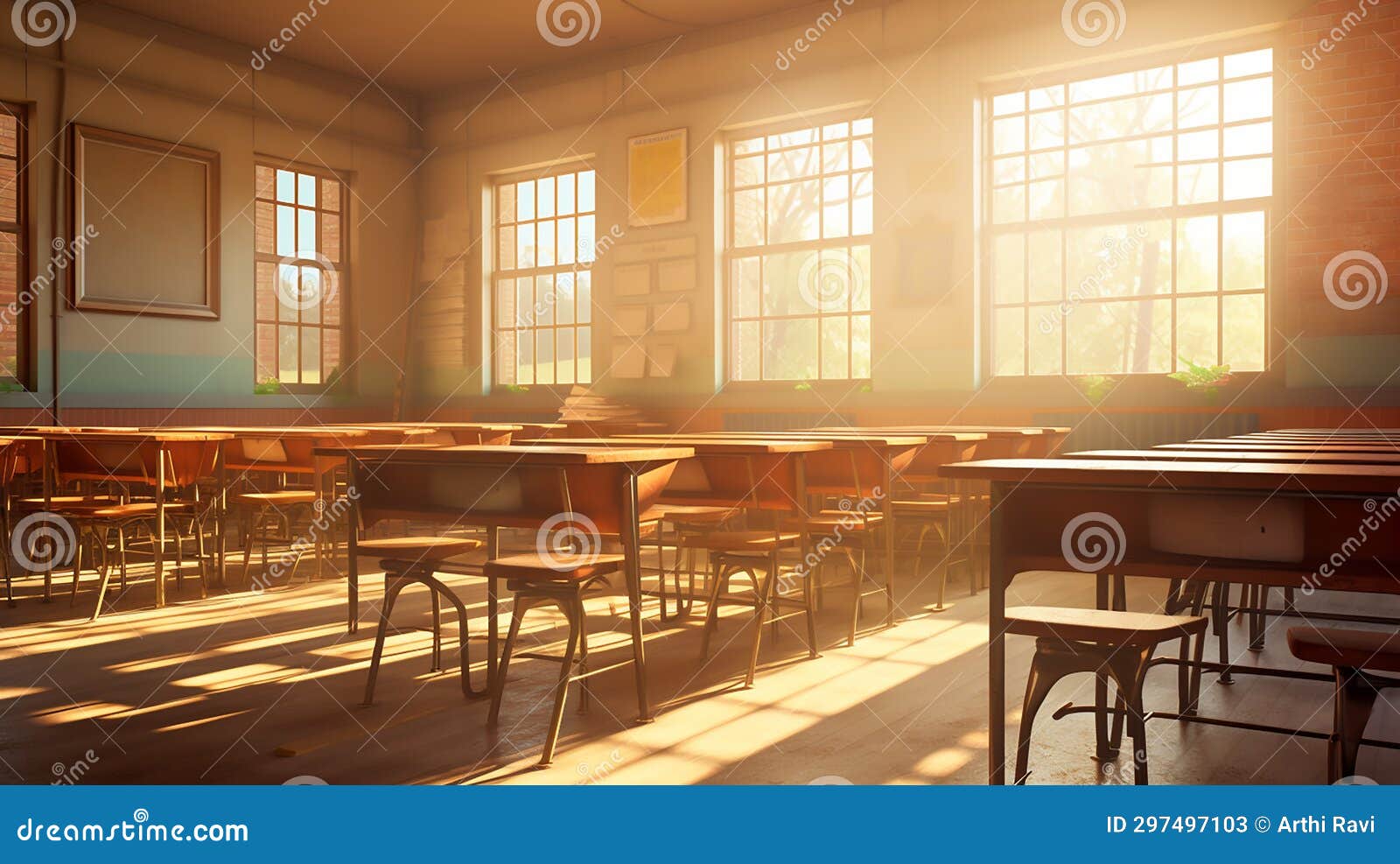 An Empty Classroom Flooded with Morning Sunlight, Casting a Warm Glow ...
