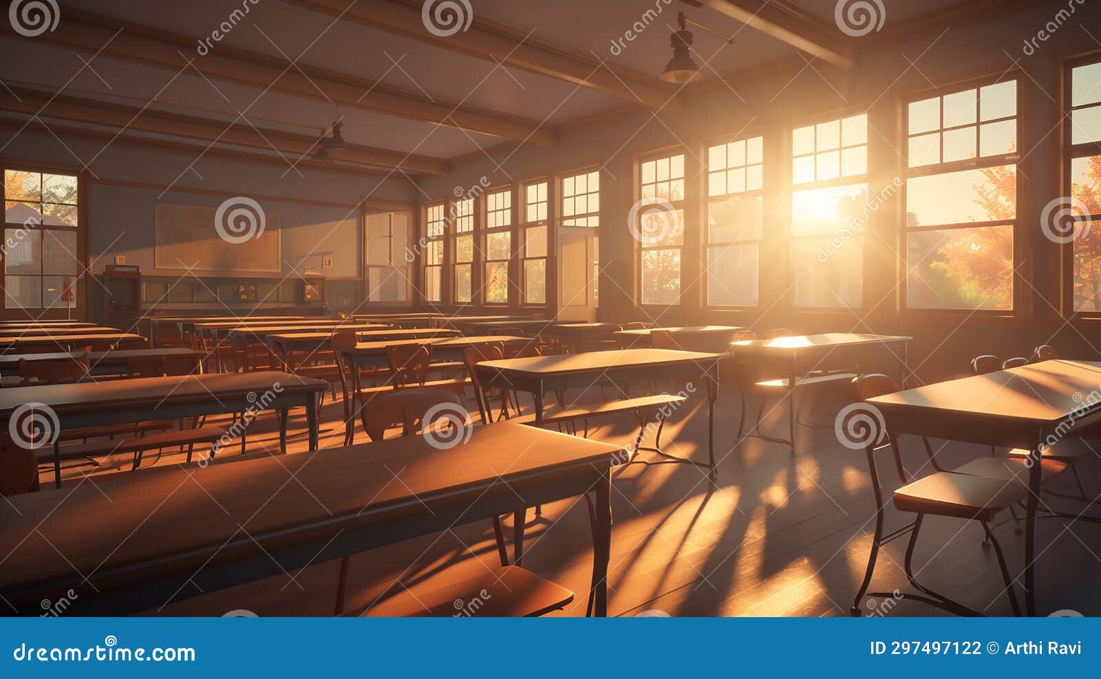 An Empty Classroom Flooded with Morning Sunlight, Casting a Warm Glow ...