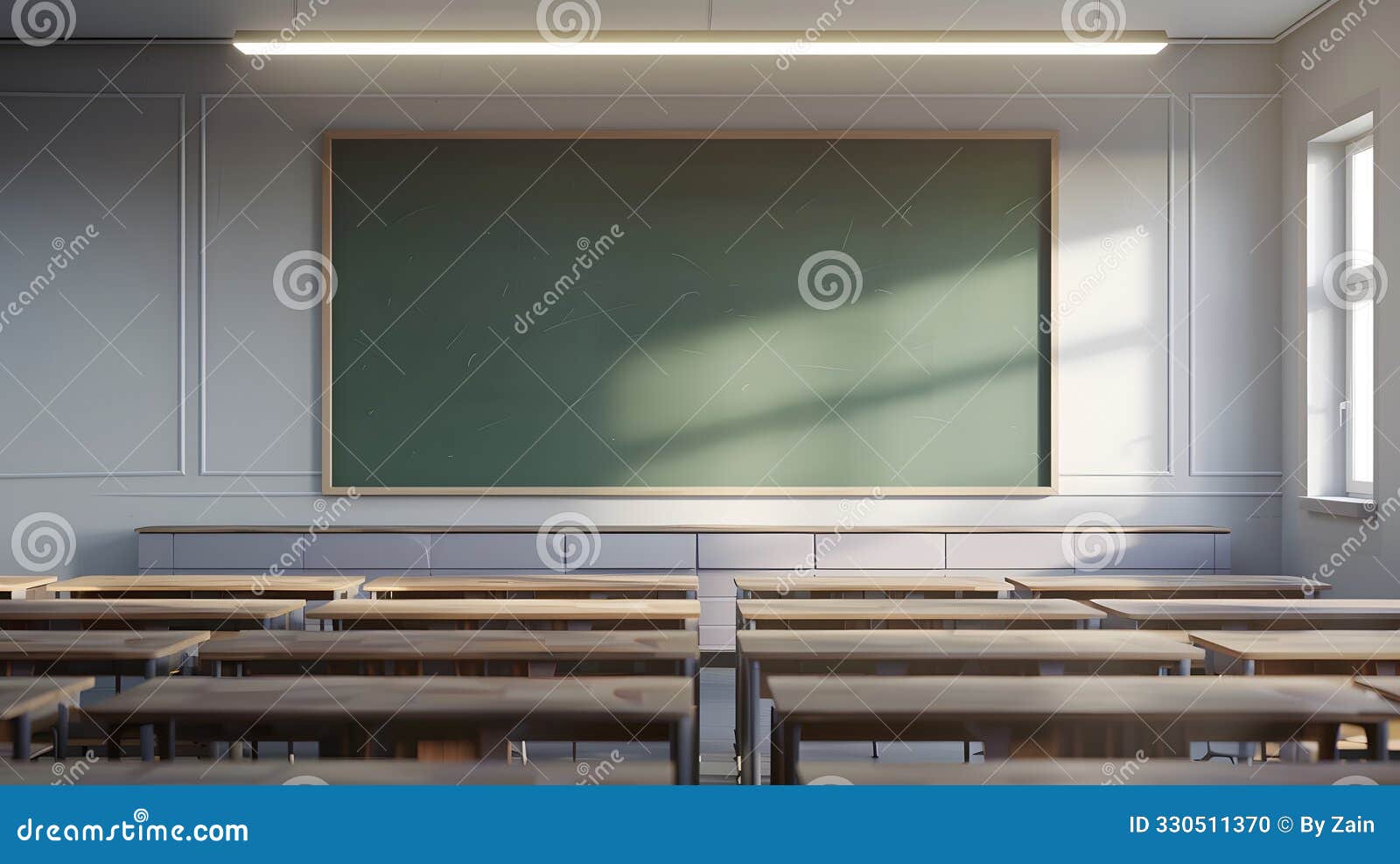 Empty Classroom with Green Chalkboard and Wooden Desks, Education and ...
