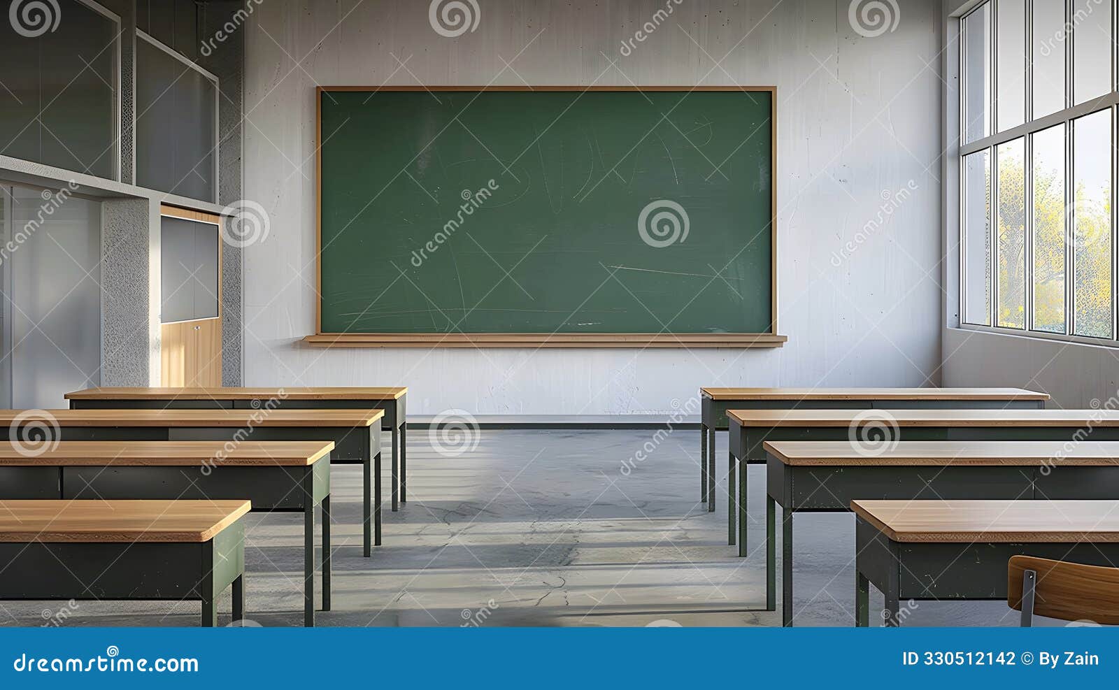 Empty Classroom with Green Chalkboard and Wooden Desks, Education and ...