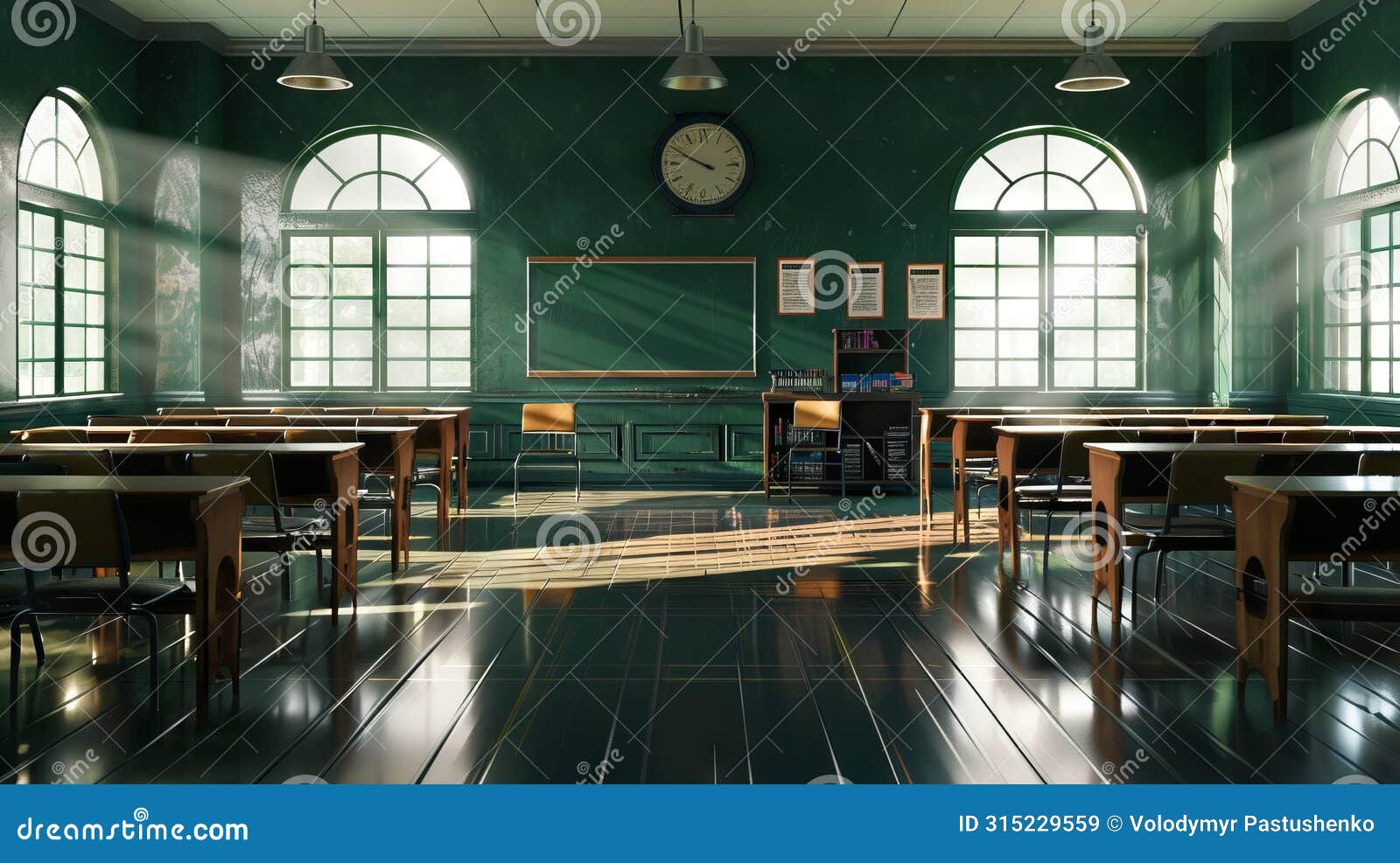 An Empty Classroom with Green Walls and Windows Stock Image - Image of ...