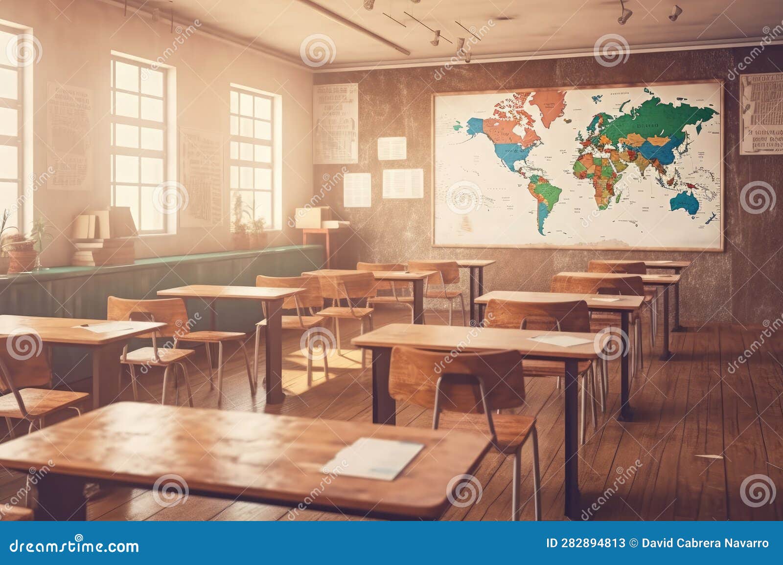 Empty Classroom Interior with Wooden Desks and Chairs, Maps and White ...