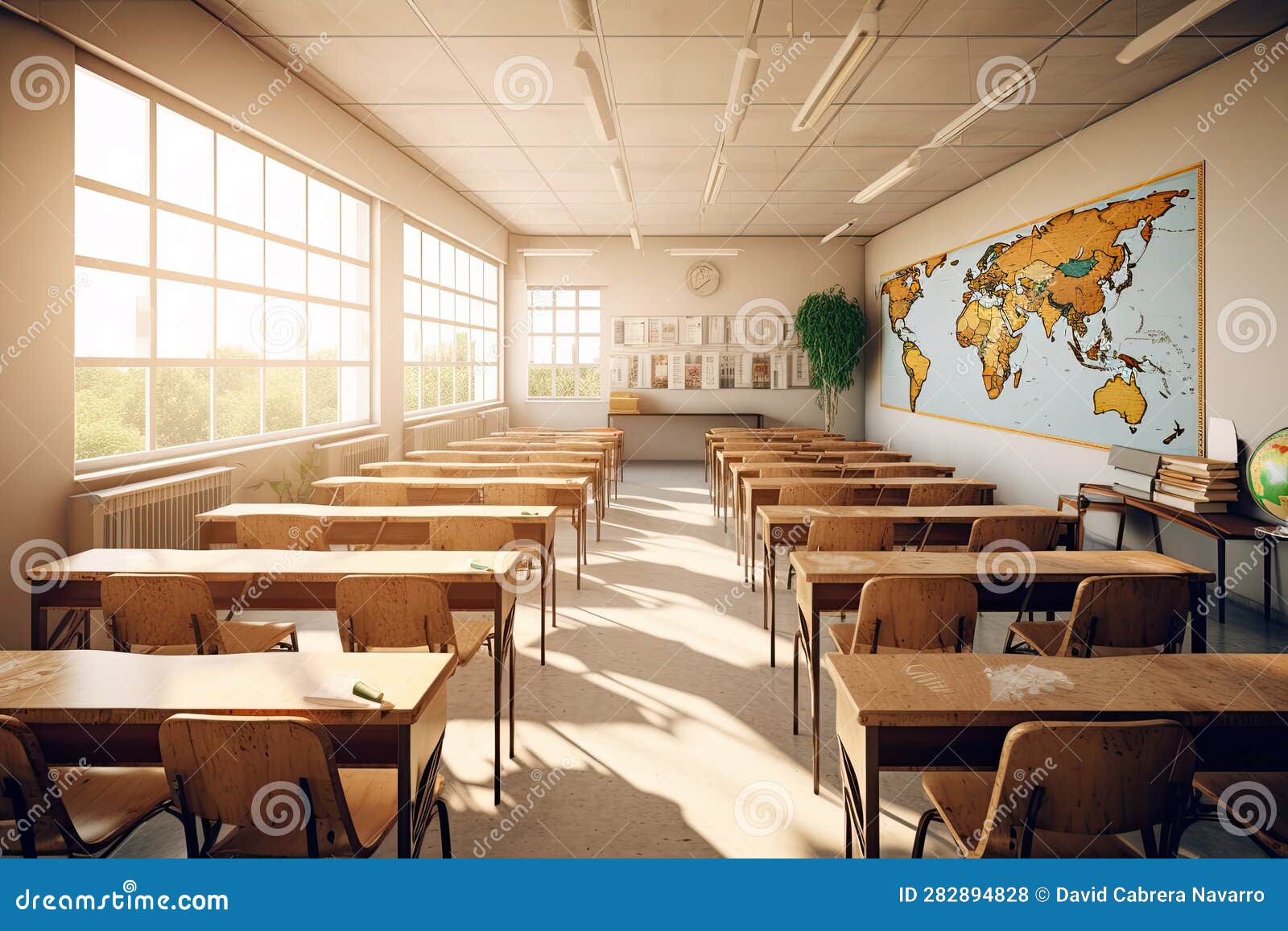 Empty Classroom Interior With Wooden Desks And Chairs, Maps And White ...