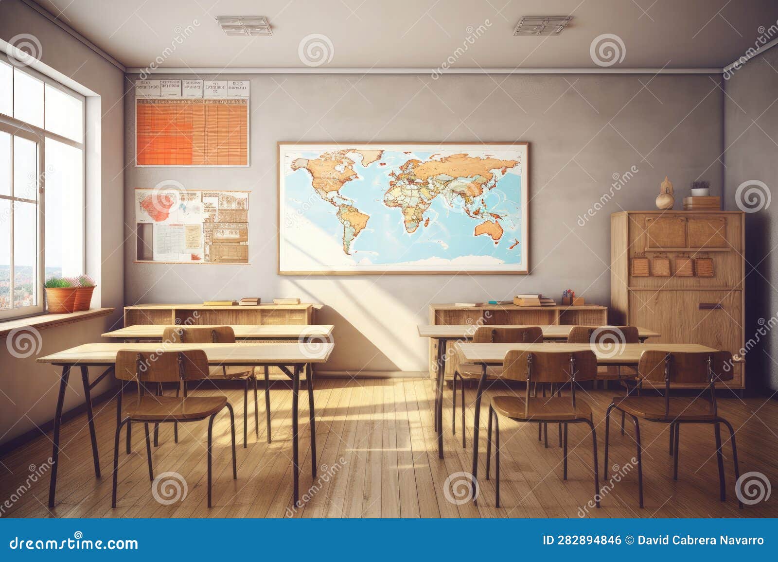 Empty Classroom Interior with Wooden Desks and Chairs, Maps and White ...
