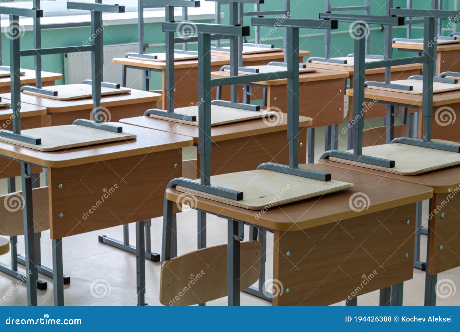 Empty Classroom, Inverted Chairs on Desks, Distance Learning during the ...