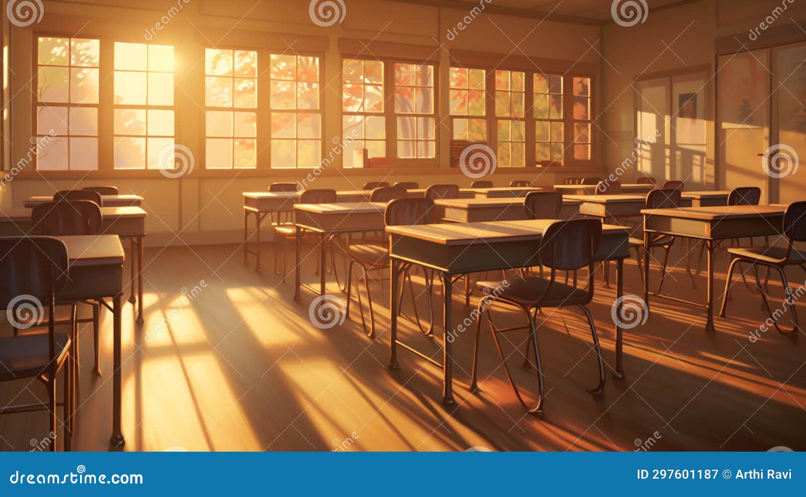 An Empty Classroom in the Late Afternoon Glow, Where the Setting Sun ...