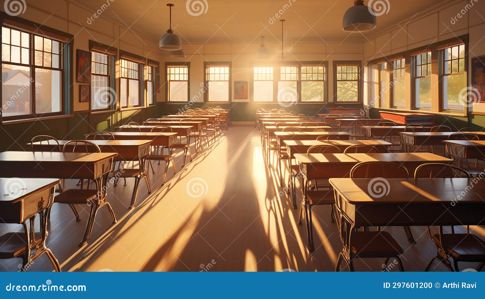 An Empty Classroom in the Late Afternoon Glow, Where the Setting Sun ...