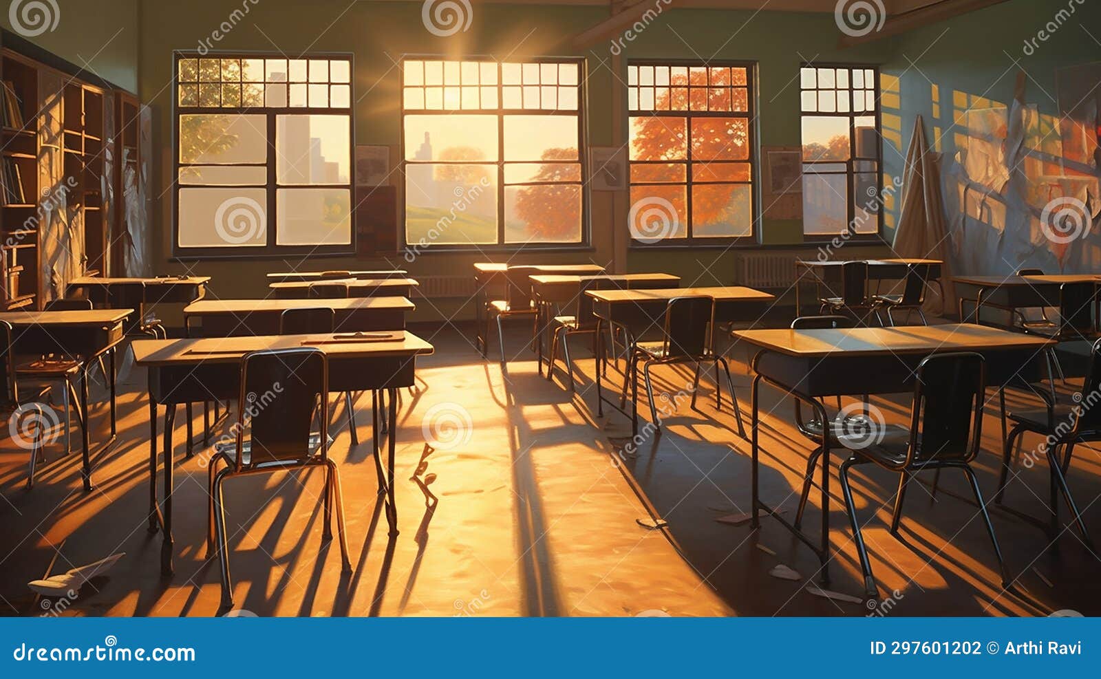 An Empty Classroom in the Late Afternoon Glow, Where the Setting Sun ...