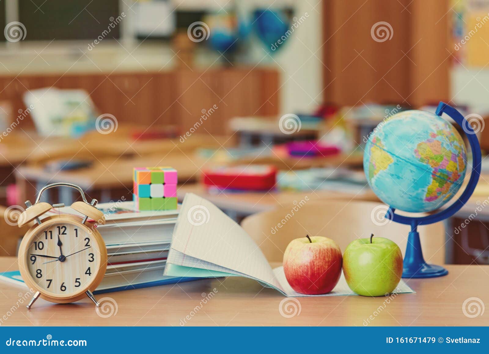 Empty Classroom with Learning Objects, Alarm Clock and Globe. the ...