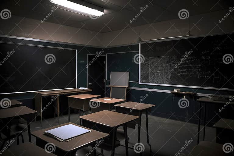 Empty Classroom, with Lights Dimmed and Blackboard in the Foreground ...