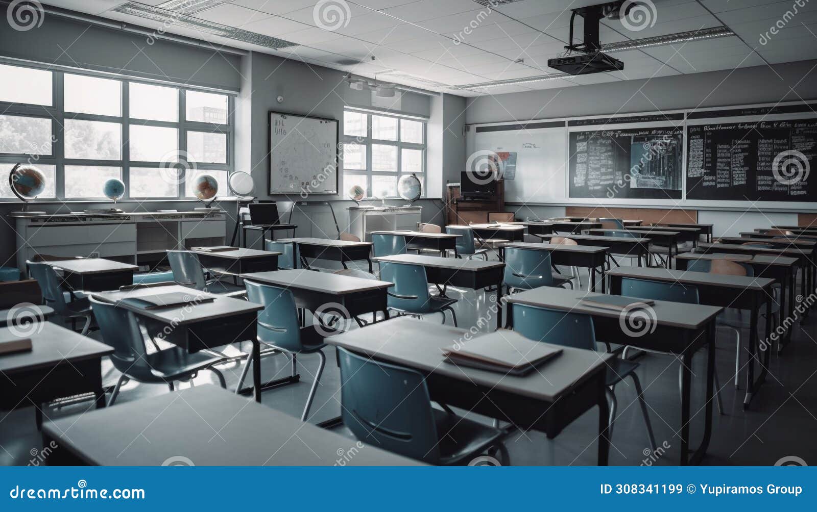 Empty Classroom with Modern Blackboard, Desks, and Computer Equipment ...