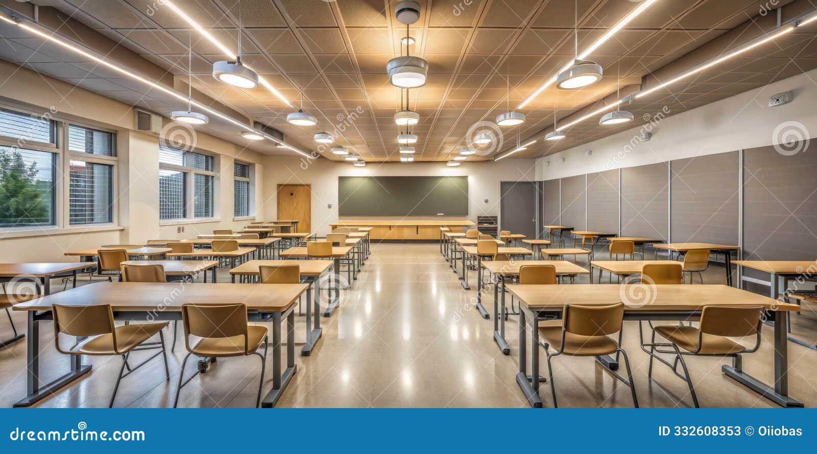 Empty Classroom with Modern Lighting and Desks - Interior Design ...