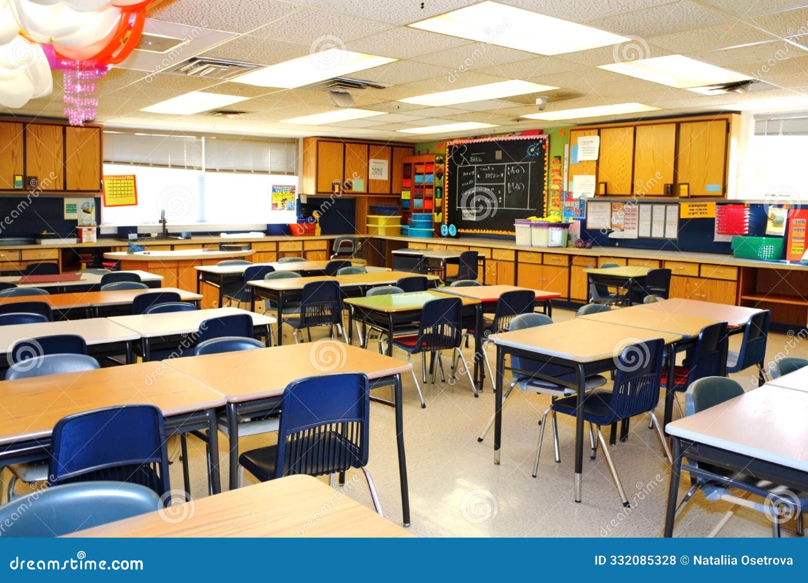 Empty Classroom with Neatly Arranged Desks and Chairs, Colorful ...