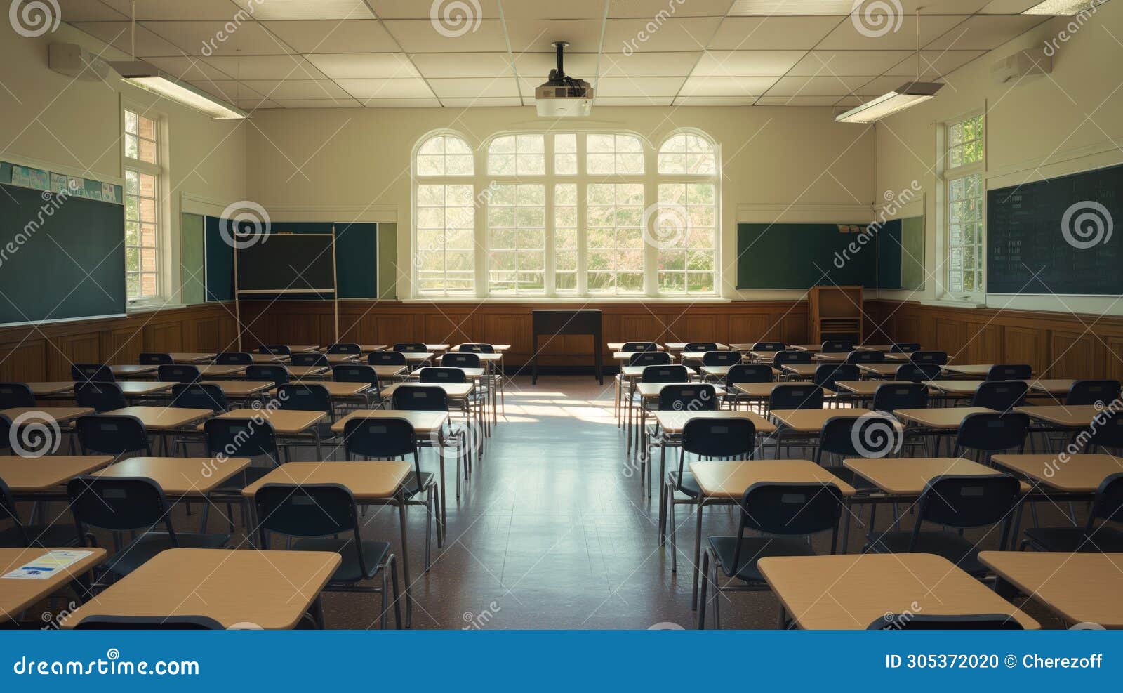 Empty Classroom with Rows of Desks and Chairs Stock Photo - Image of ...