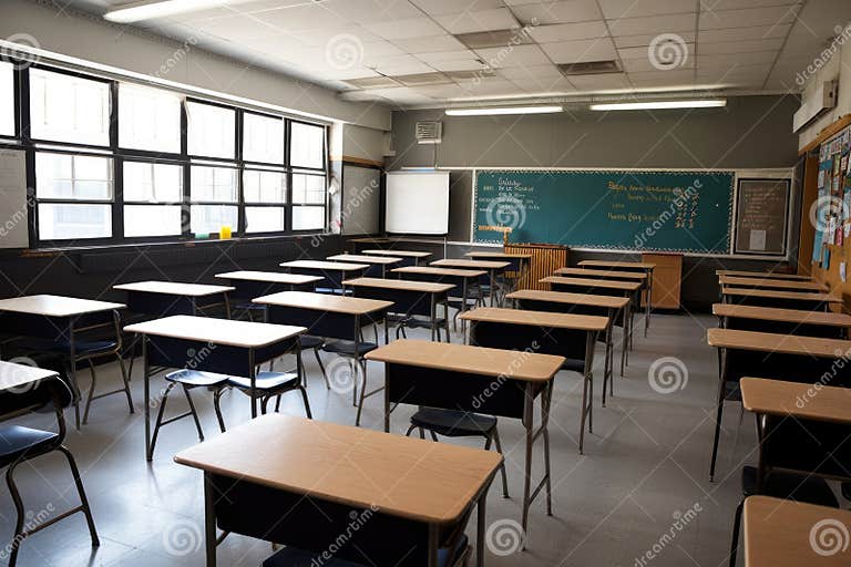 Empty Classroom with Rows of Desks Facing Front and Blackboard in the ...