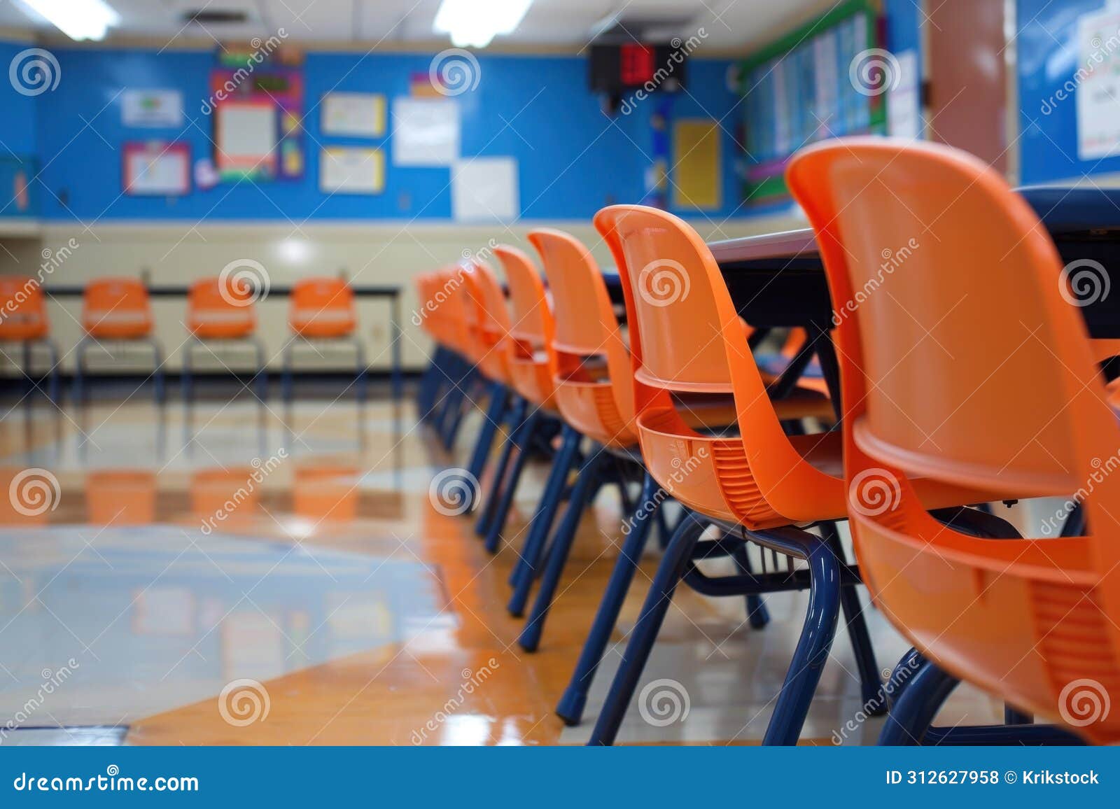 Empty Classroom with Rows of Orange Chairs in Primary School, Shallow ...