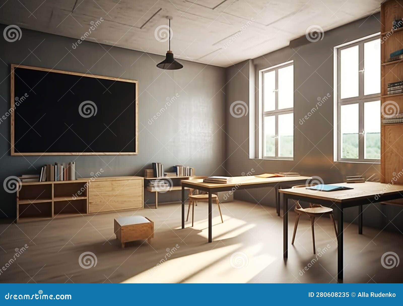 Empty Classroom in a School. Blank Chalkboard Mockup Stock Illustration ...