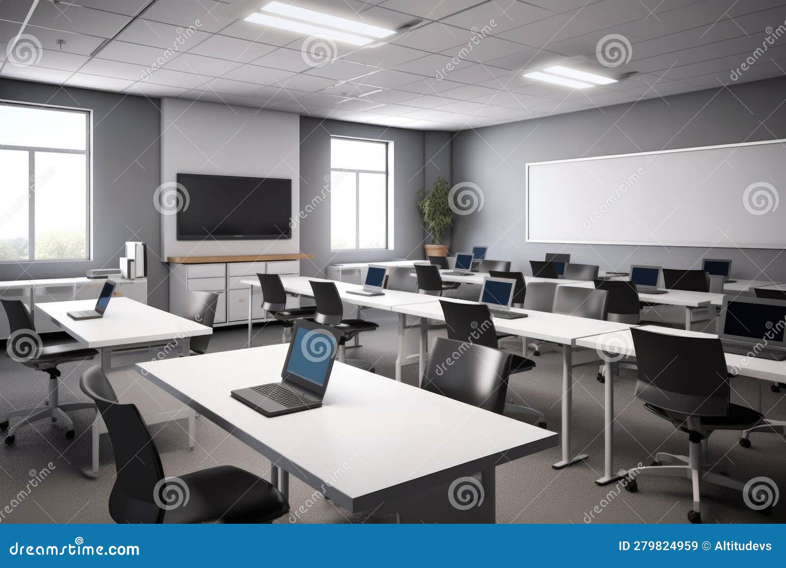 Empty Classroom Setup with Modern and Sleek Furniture, Including ...