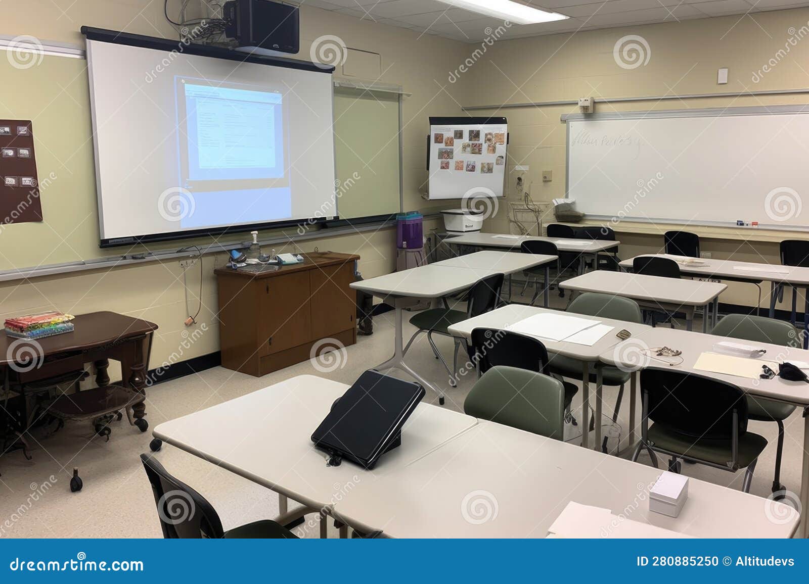 Empty Classroom Setup with Smartboard, Projector, and Laptop for Modern ...