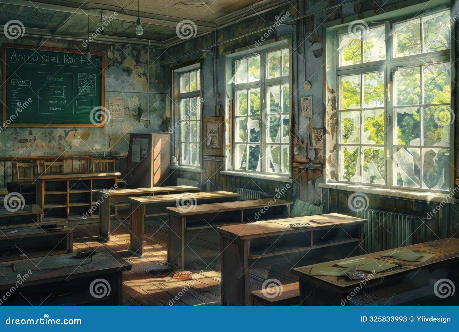 Empty Classroom is Showing Neglect with Broken Windows Stock ...