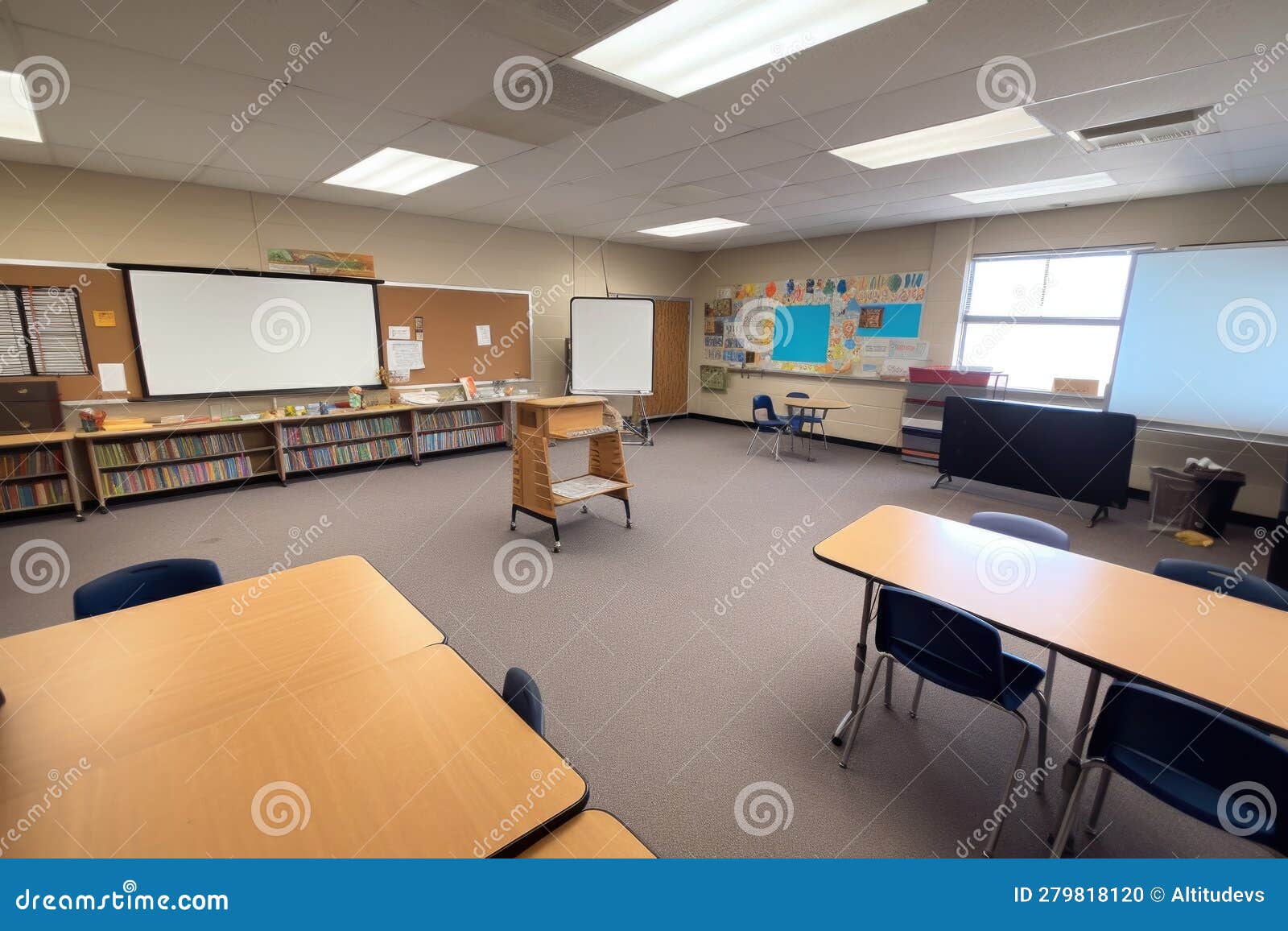 Empty Classroom with Smart Board, Projector, and Bookshelf for Creative ...