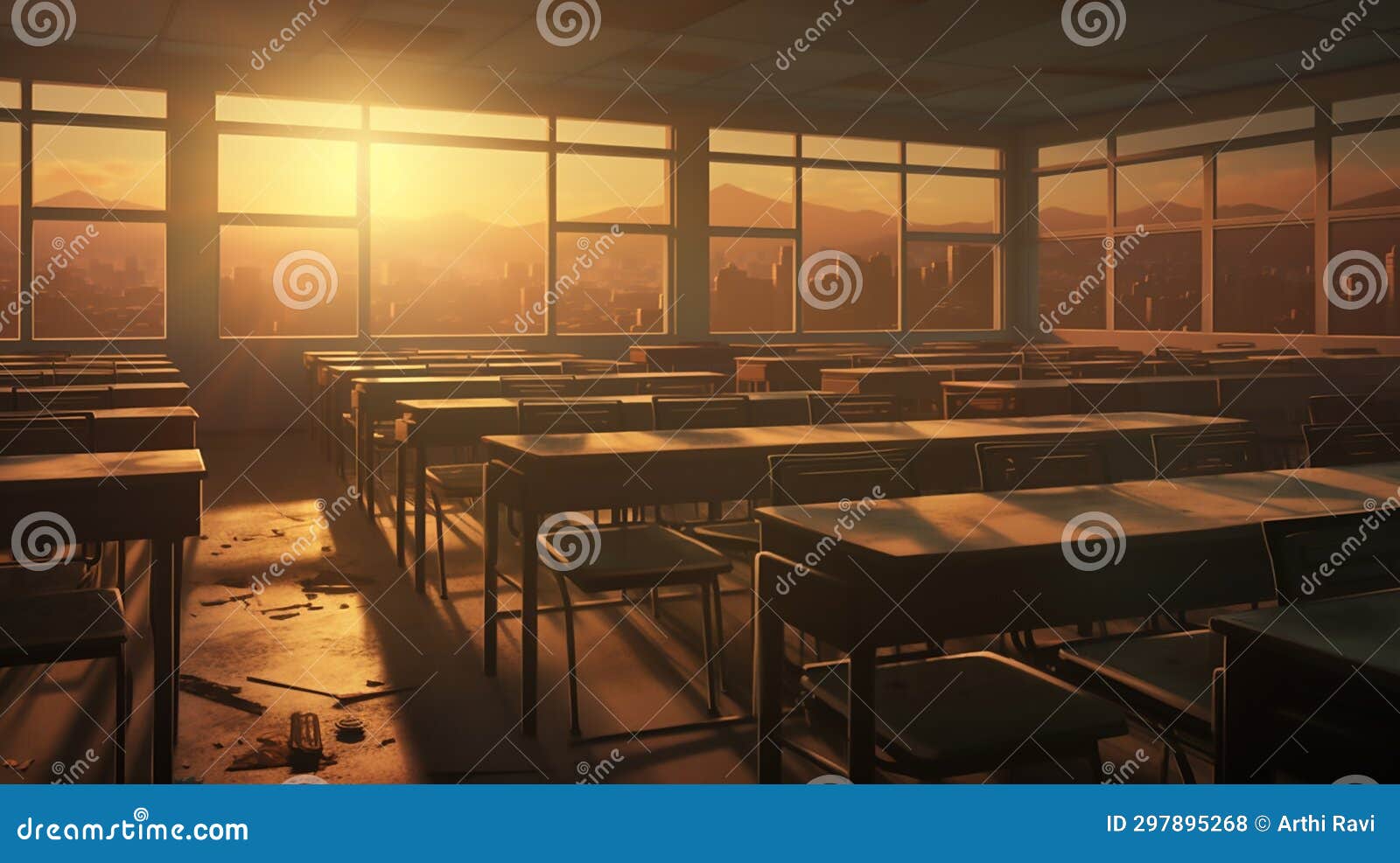 An Empty Classroom in the Soft Light of Dawn, Where the Sun Peeks ...