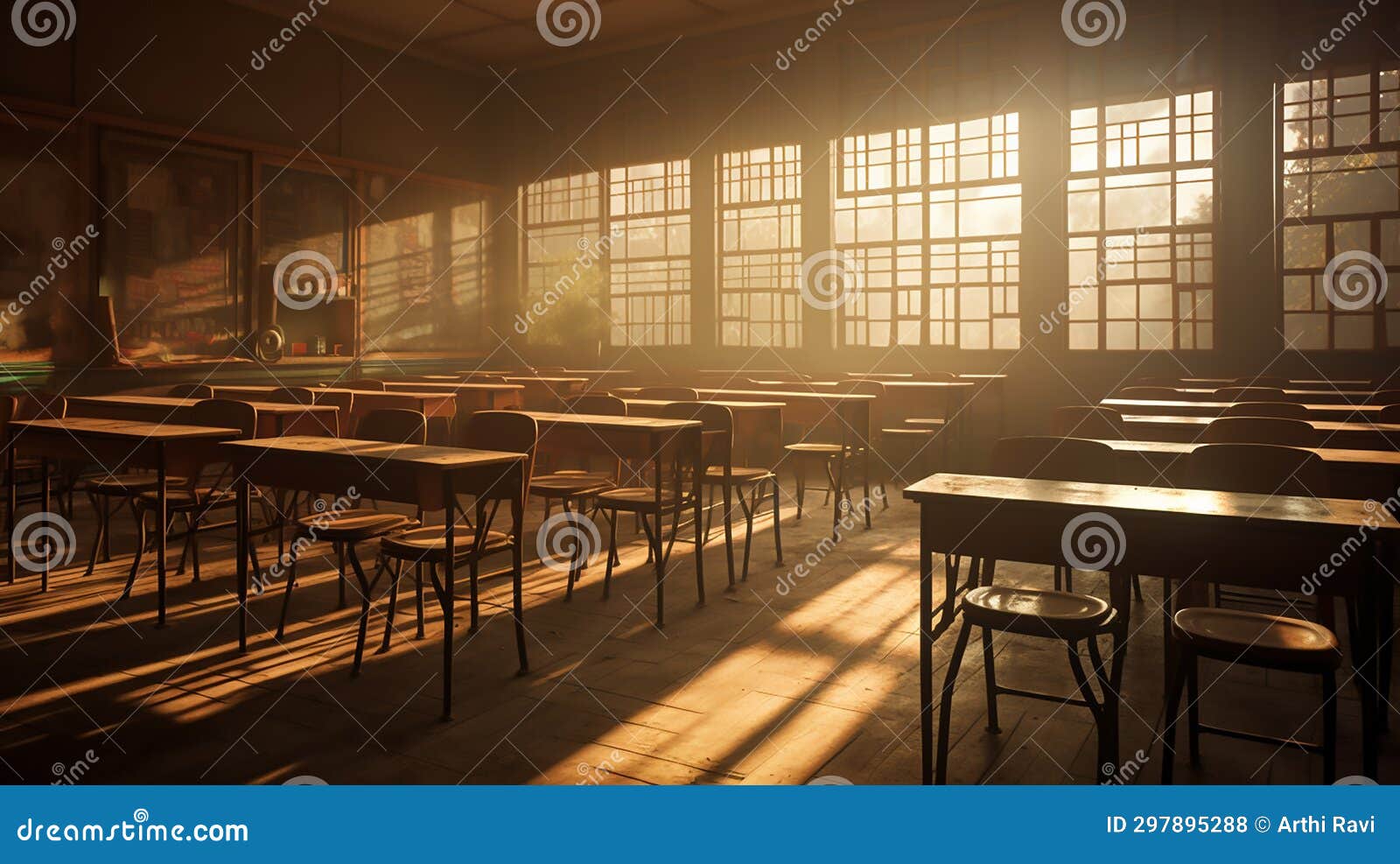 An Empty Classroom in the Soft Light of Dawn, Where the Sun Peeks ...