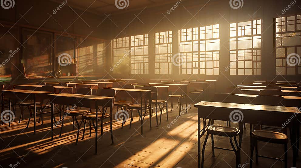 An Empty Classroom in the Soft Light of Dawn, Where the Sun Peeks ...