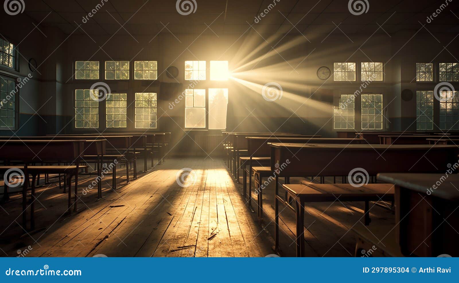 An Empty Classroom in the Soft Light of Dawn, Where the Sun Peeks ...