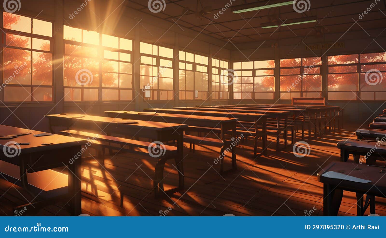 An Empty Classroom in the Soft Light of Dawn, Where the Sun Peeks ...